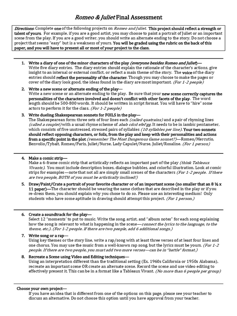 Creative Projects for Romeo & Juliet | PDF | Characters In Romeo And Juliet