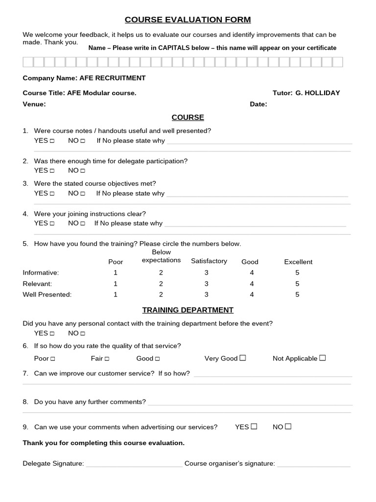 COURSE Evaluation Form | PDF | Evaluation | Educational Assessment And Evaluation