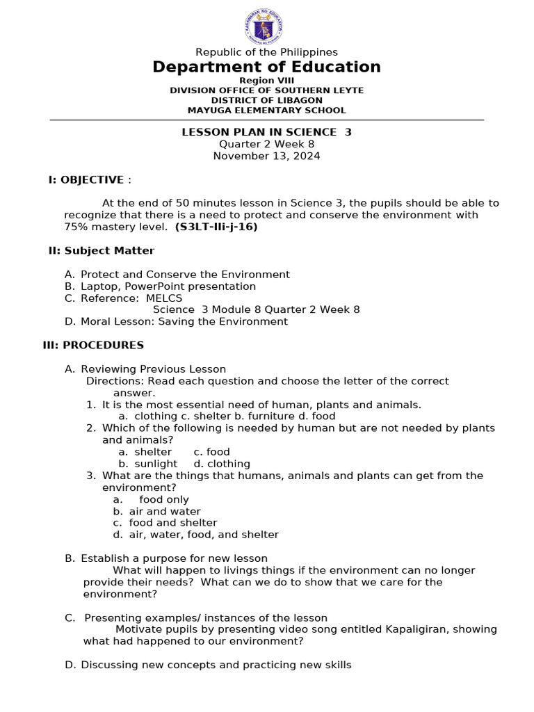 Science 3 Lesson Plan: Environmental Conservation | PDF | Natural ...