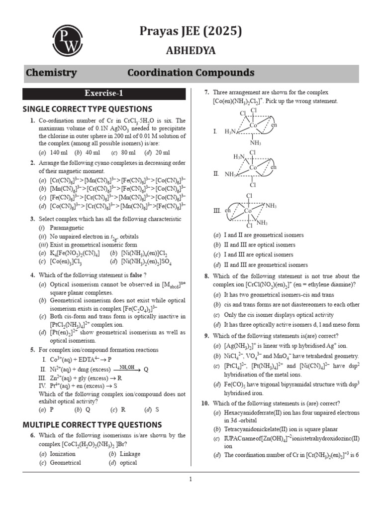 Coordination Compounds _ Standard Practice Sheet (JEE Advanced)- Abhedya __ Prayas JEE 2.0 2025 ...