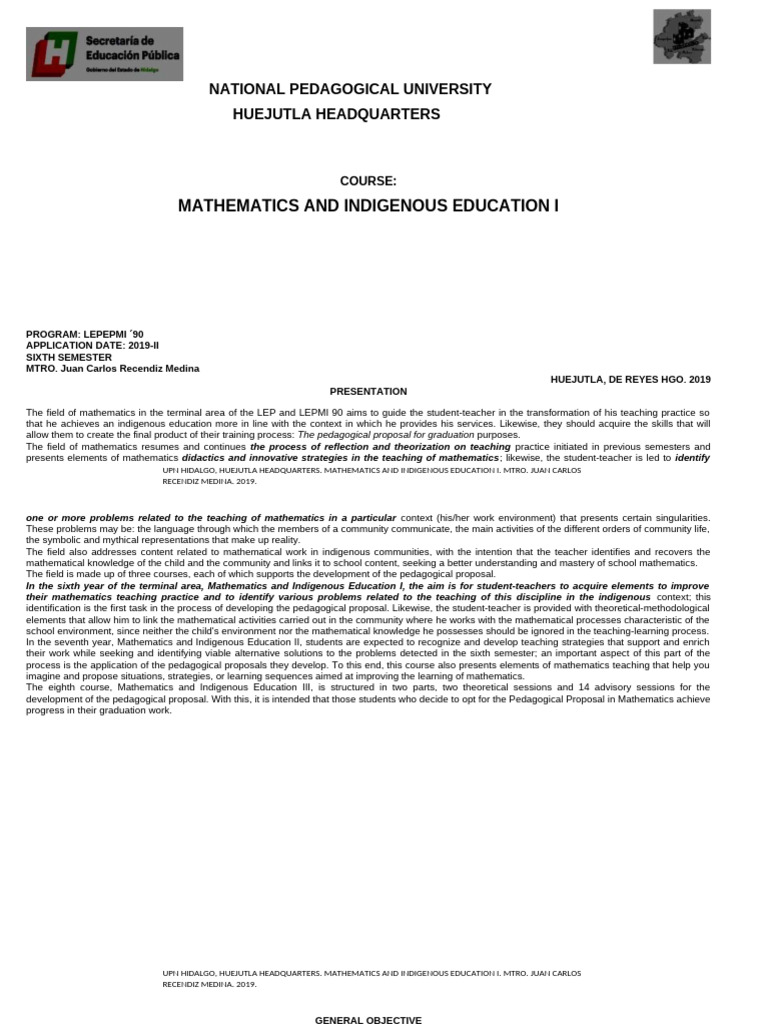 PLAN 2019 - Mathematics and Indigenous Education I | PDF | Pedagogy | Mathematics