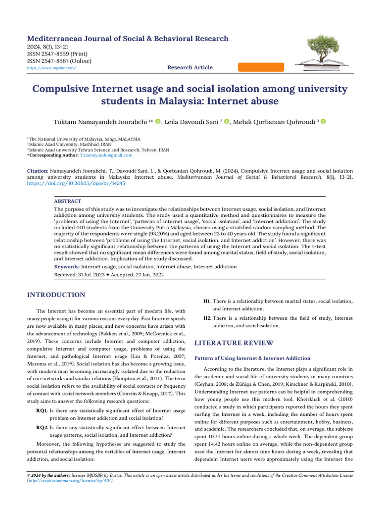 Compulsive Internet Usage and Social Isolation Among University Students in Malaysia Internet ...