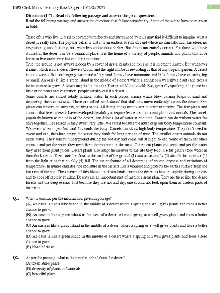 IBPS Clerk Mains Memory-Based Paper 2021 | PDF | Desert