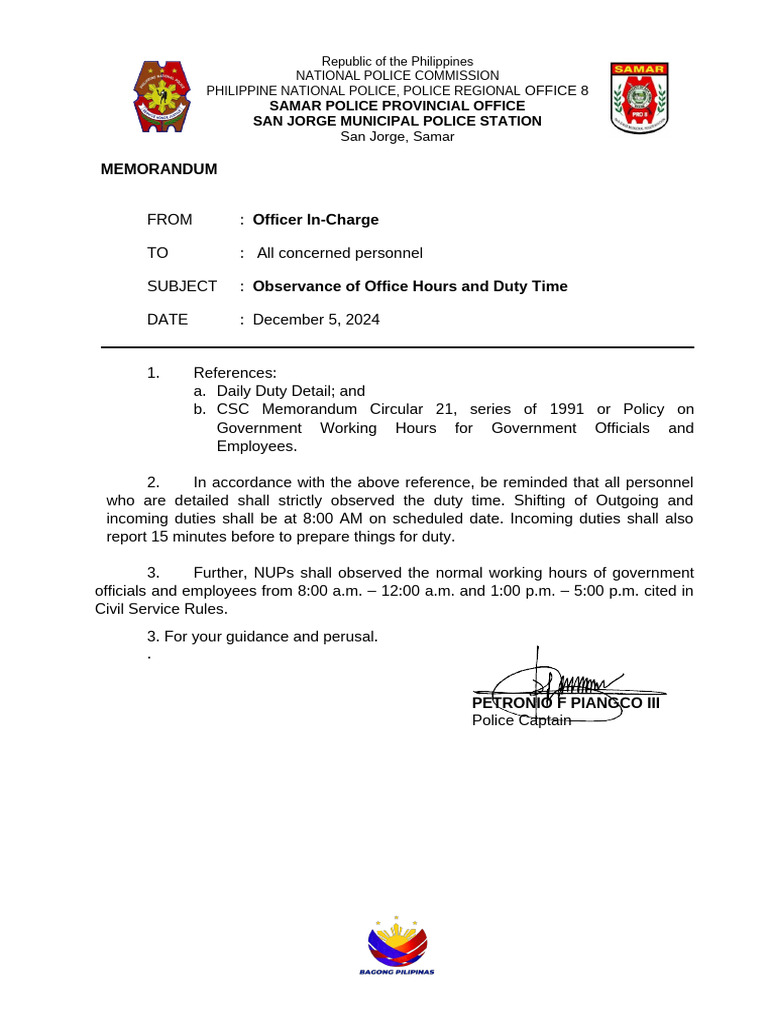 Office Hours Compliance Memo for PNP | PDF
