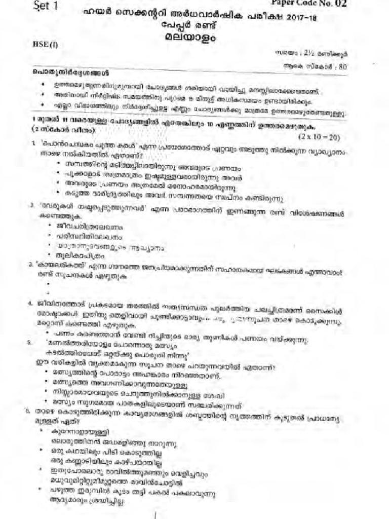 Kerala XI Second Term Malayalam Question Paper December 2017 | PDF