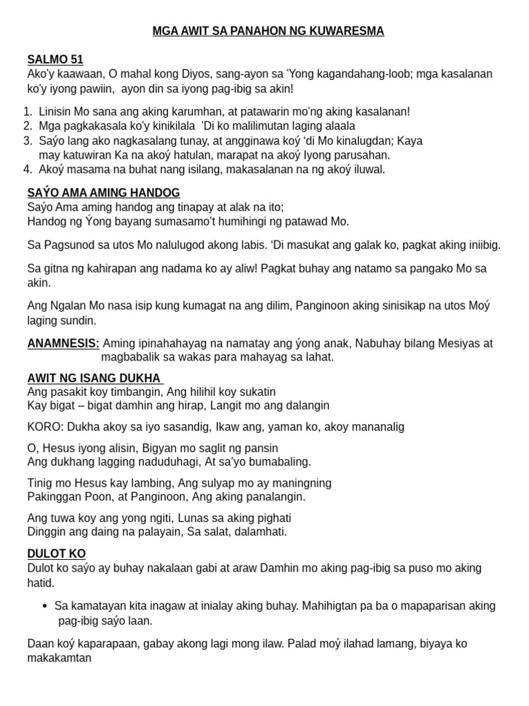 MGA AWIT SA PANAHON NG KWARESMA at PASKO NG PAGKABUHAY Chapels | PDF