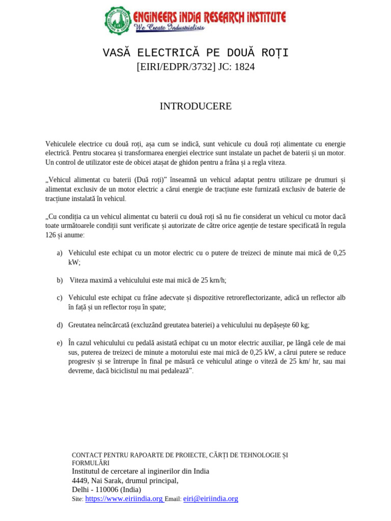 Raport Proiect Despre Scuterul Electric Cu Baterie Litiu Ion Pentru Două Roți Electrice PDF | PDF