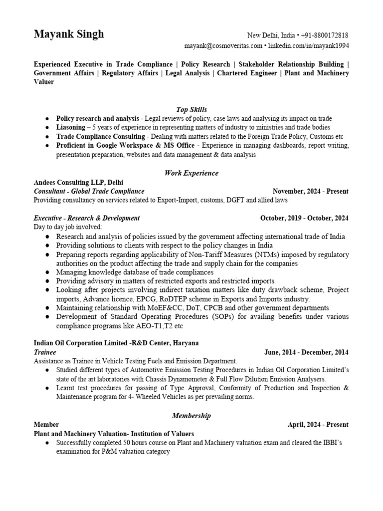 Mayank Singh Resume-GTC | PDF | Non Tariff Barriers To Trade | Economies