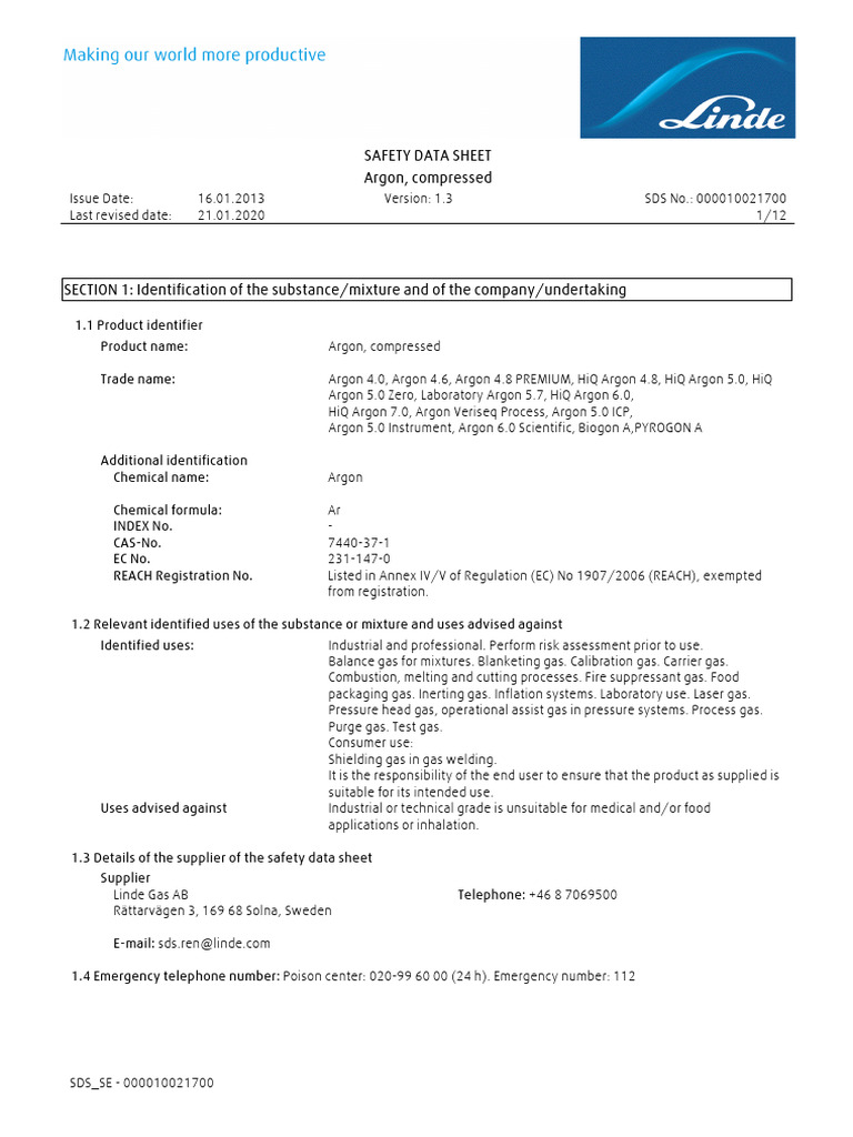 Argon, Compressed - Safety - Datasheet EN | PDF | Toxicity | Personal Protective Equipment