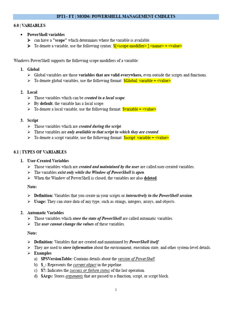 PowerShell Variables & Operators Guide | PDF | Variable (Computer Science) | Scope (Computer ...