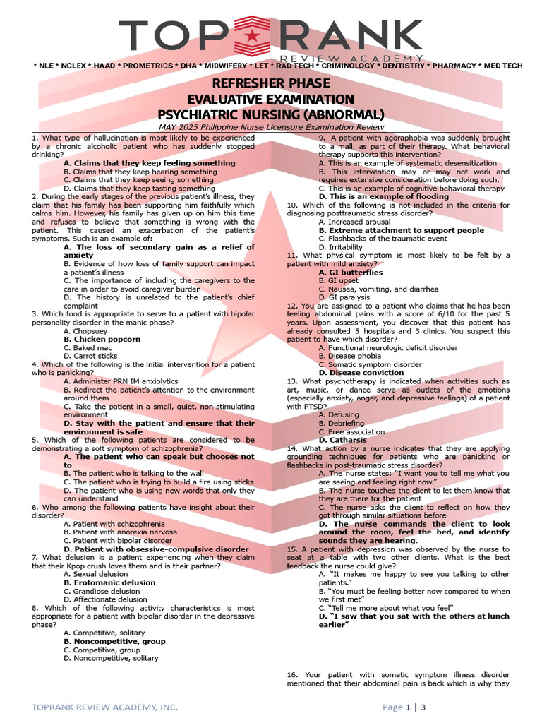 Eval Exam - Abnormal Psych (Key) | PDF | Mental Disorder | Obsessive–Compulsive Disorder