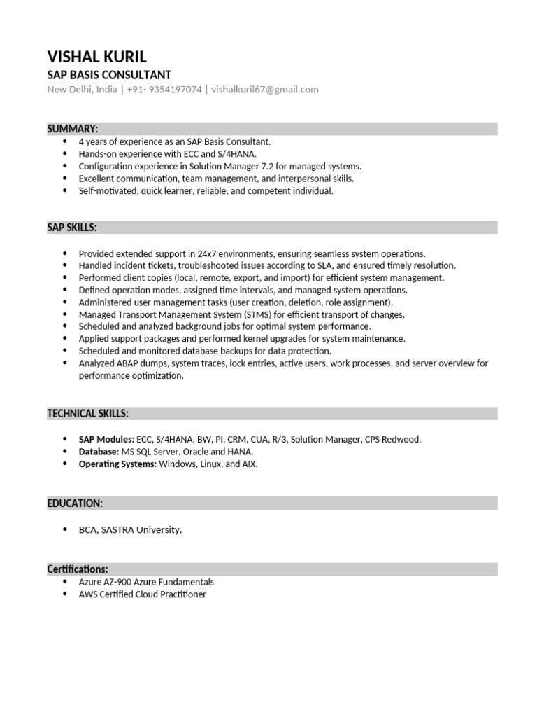 Vishal Kuril Resume Sap Basis | PDF | Databases | Computer Architecture