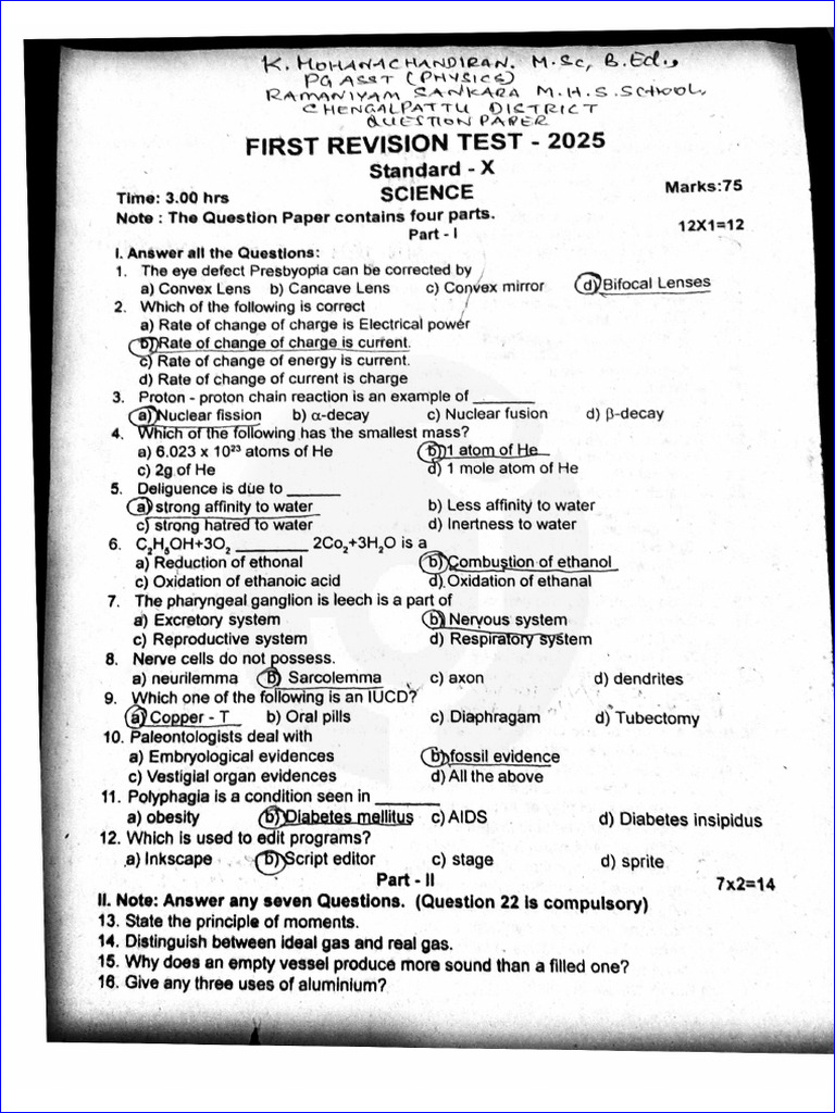 10th Science EM 1st Revision Exam 2025 Question Paper Chengalpattu District English Medium PDF ...