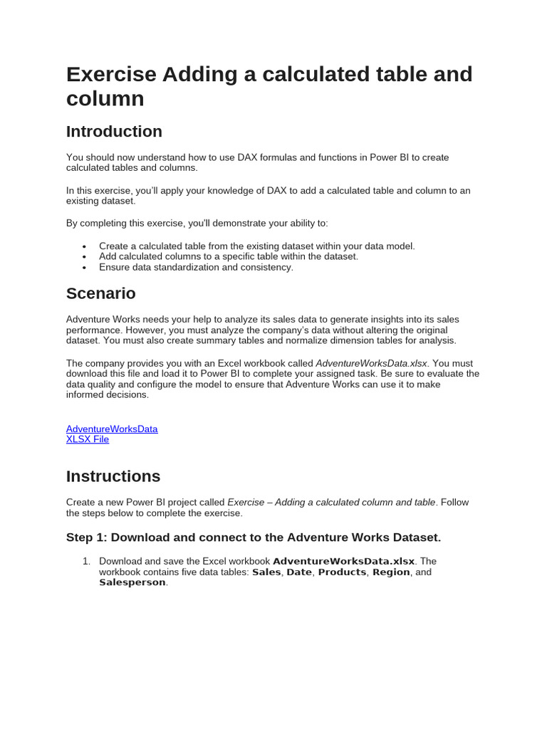 Exercise Adding a calculated table and column | PDF | Microsoft Excel | Data