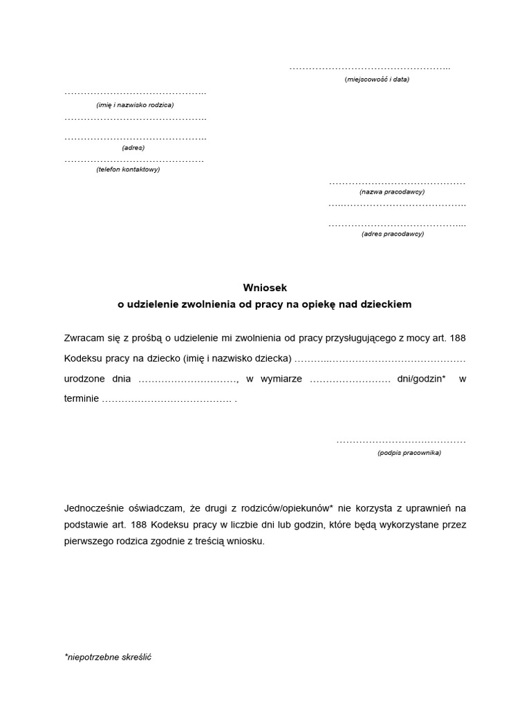 Wniosek o Dni Wolne Na Opiekę Nad Dzieckiem | PDF