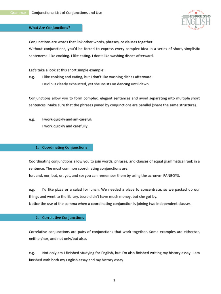 Conjunctions 1. List Use 1.1 | PDF | Linguistic Typology | Syntax