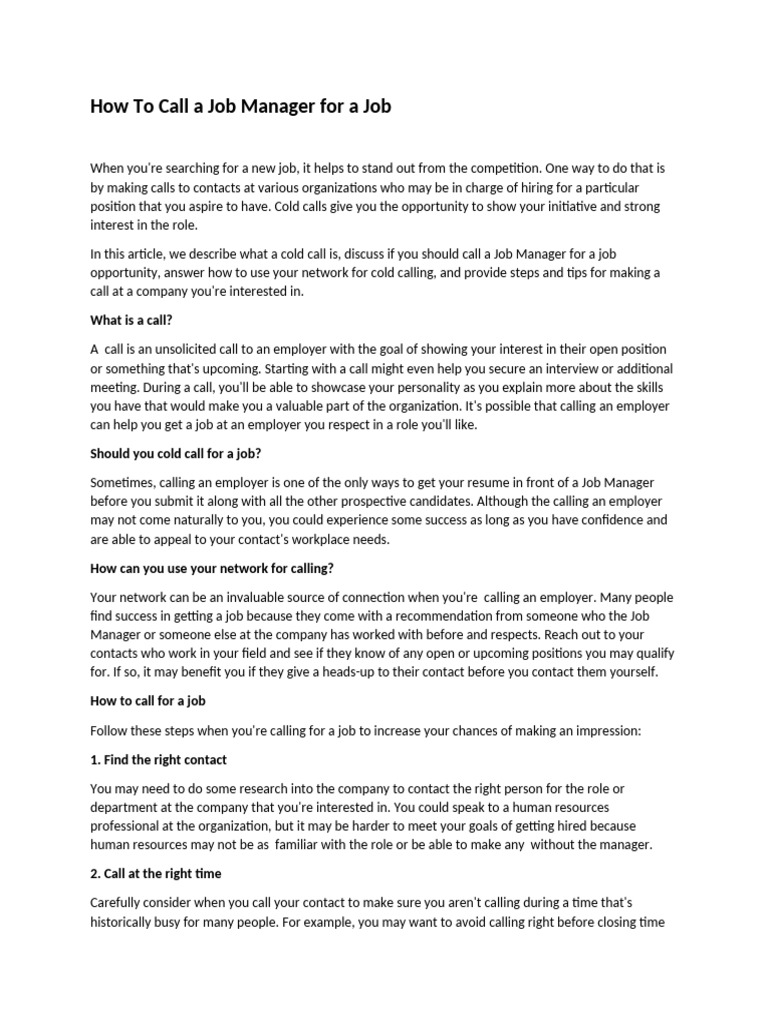 How To Call A Job Manager For A Job | PDF | Résumé | Voicemail