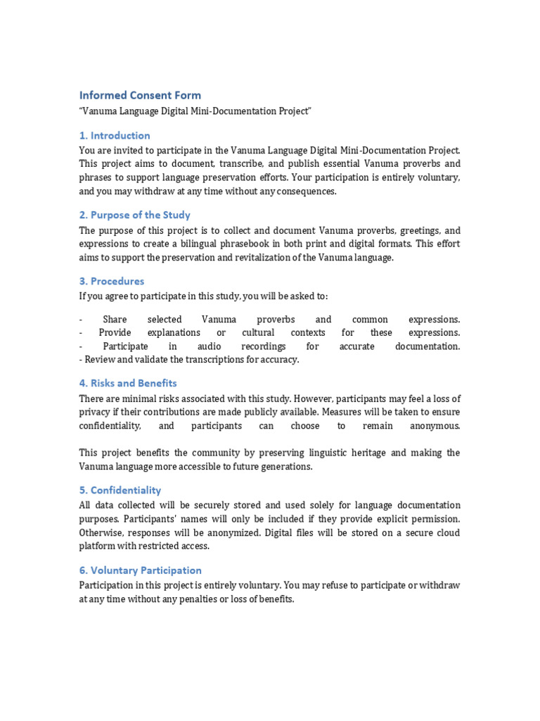 Vanuma Language Consent Form | PDF | Consent | Linguistics