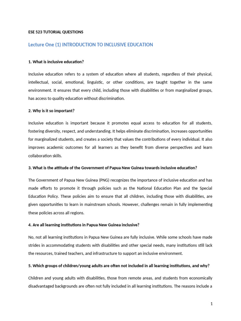 ESE 523 TUTORIAL QUESTIONS | PDF | Curriculum | Inclusion (Education)