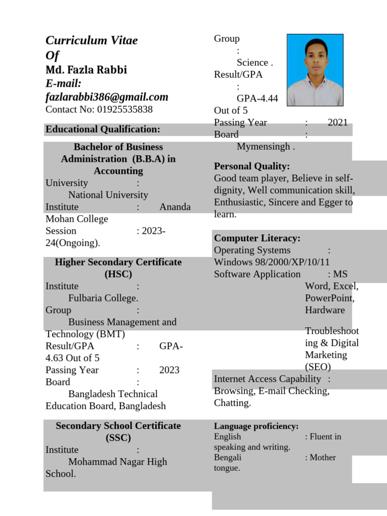 Md. Fazla Rabbi CV: BBA Student & SEO Skills | PDF