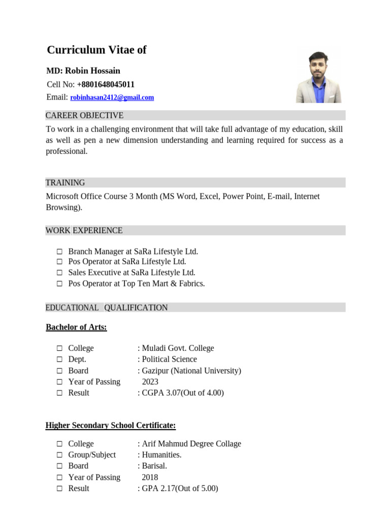 Resume of Robin Hossain | PDF