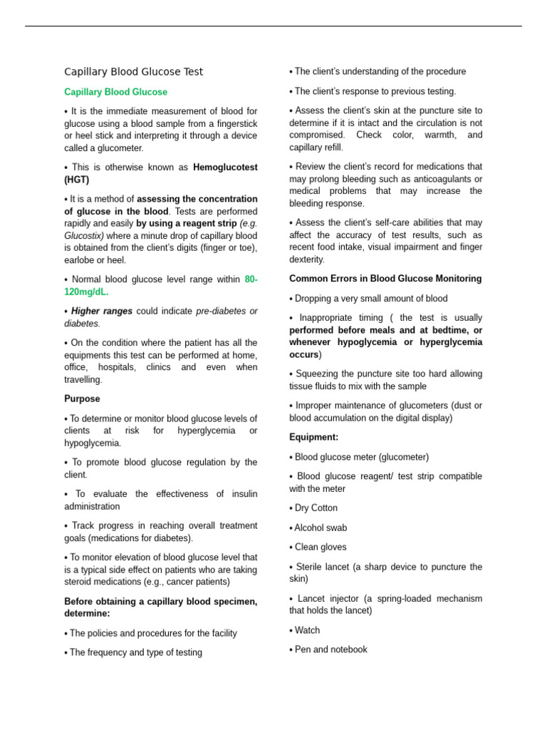 Capillary Blood Glucose Testing Guide | PDF | Diabetes | Human Diseases ...