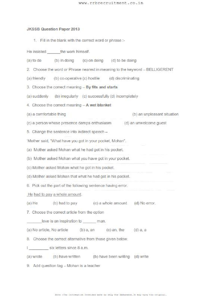 JKSSB question paper 2013 | PDF