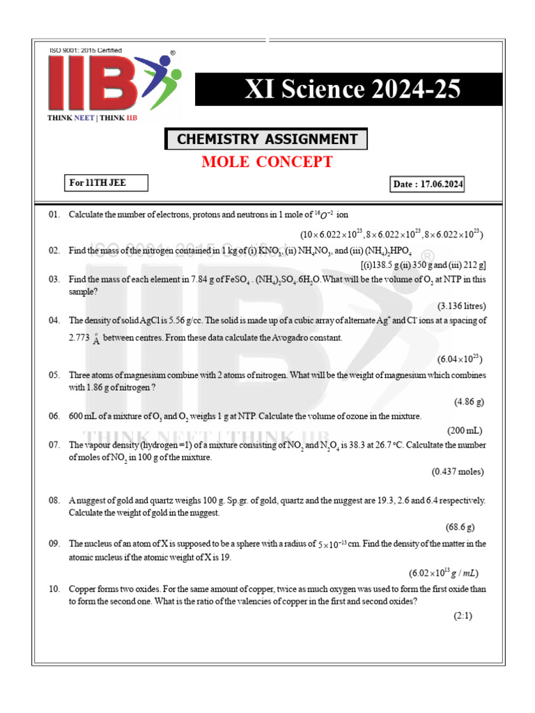 JEE Chemistry: Mole Concept | PDF | Mole (Unit) | Molecules