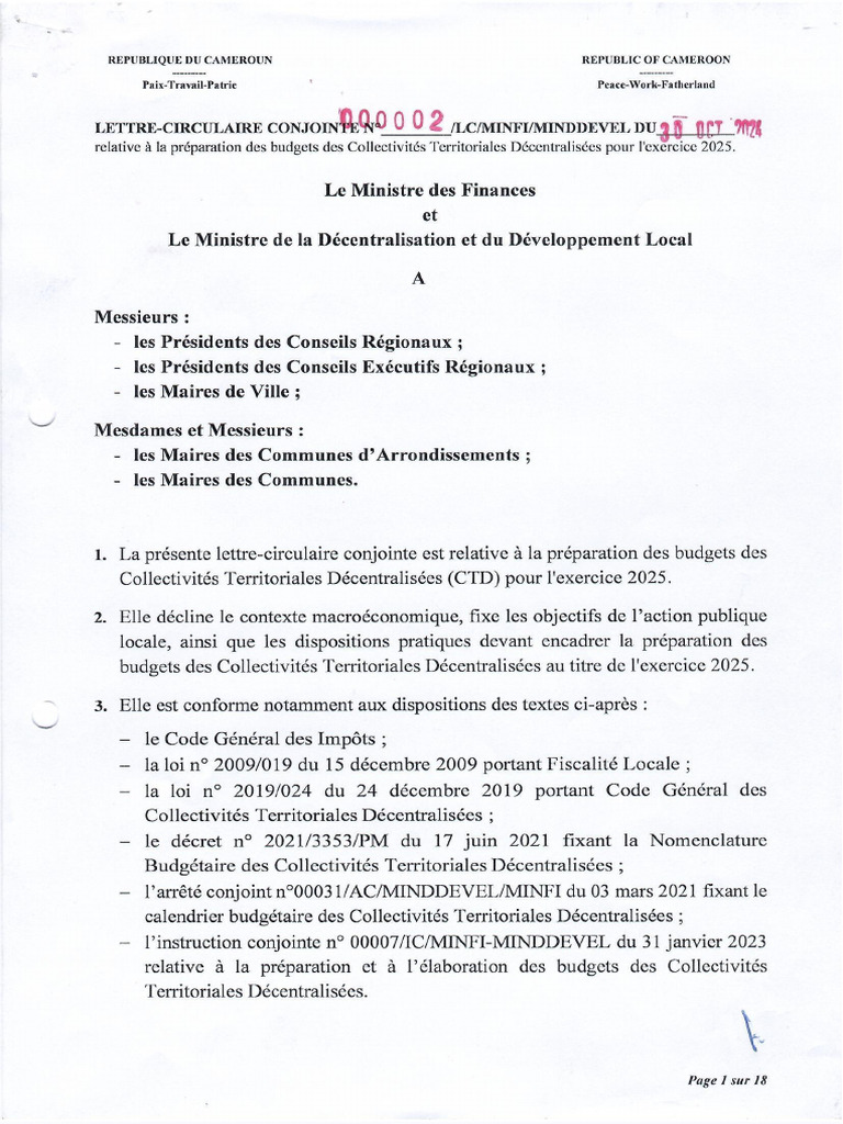 LETTRE-CIRCULAIRE CONJOINTE N 002-LC-MINFI-MINDDEVEL Du 30 Octobre 2024 ...