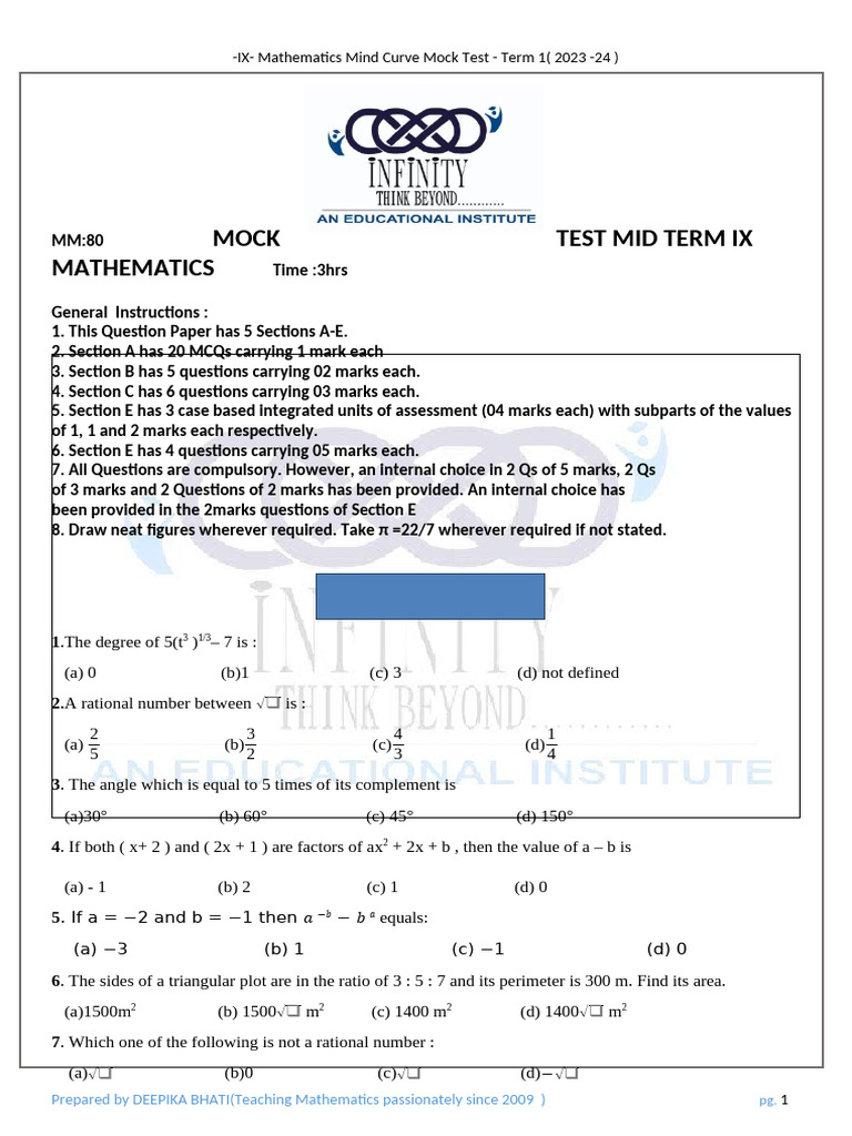 MocK Mid Term IX Maths 2023-24 | PDF | Area | Triangle