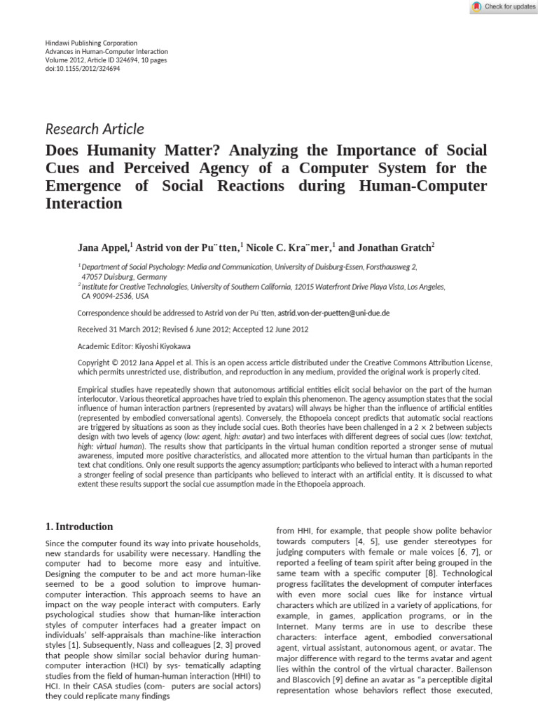 Advances in Human-Computer Interaction - 2012 - Appel - Does Humanity Matter Analyzing The ...