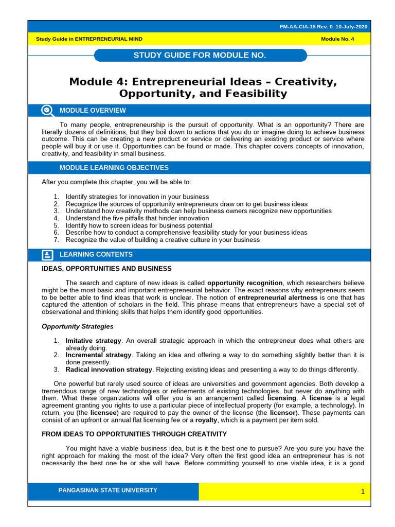 Module 4 Entrepreneurial Ideas Creativity Opportunity and Feasibility ...