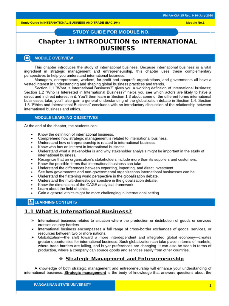Study Guide Module 1 International Business | PDF | Strategic Management | Entrepreneurship