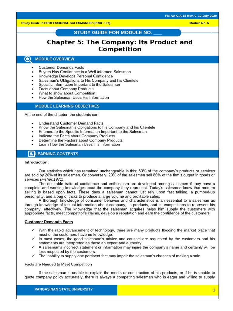 Study Guide Module 5 The Company Its Products and Competition | PDF ...