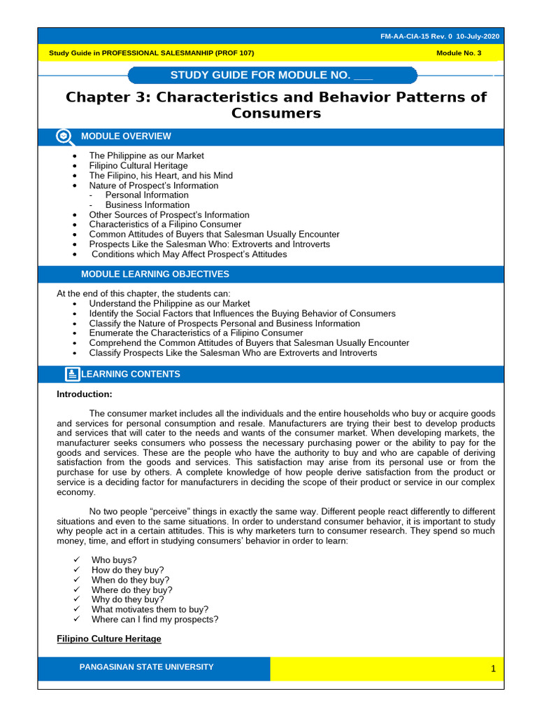 Study Guide Module 3 Characteristics and Behavior Patterns of Consumers ...