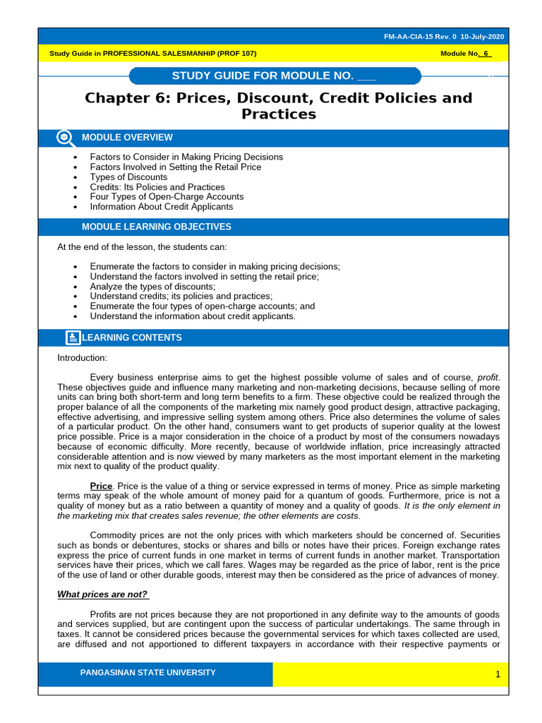 Study Guide Module 6 Prices Discount Credit Policies and Practices ...