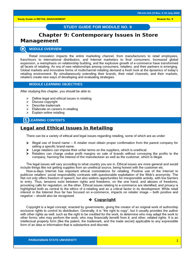 Study Guide Module 9 Contemporary Issues in Store Management | PDF ...
