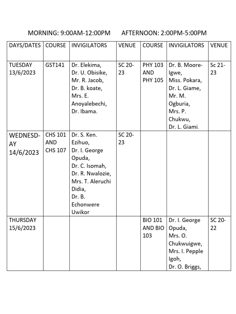 Exam Timetable For Medical Laboratory Science Year 1 | PDF