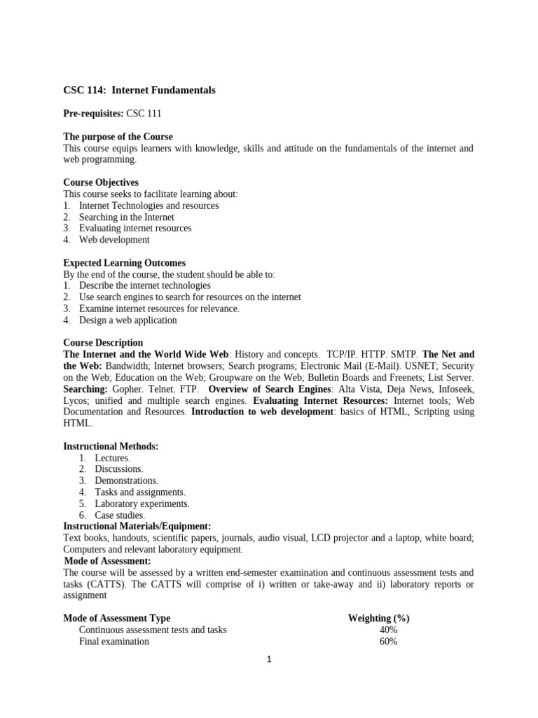 CSC 114 Course Outline and Lecture 1 | PDF | Internet | World Wide Web