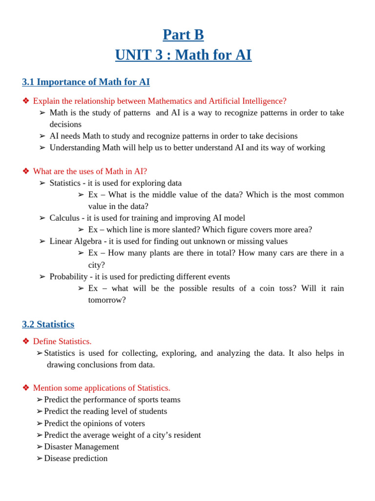 IX - Part B - Unit 3 - Math For AI - Notes | PDF