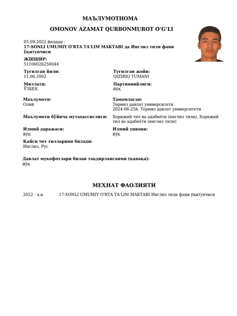 Omonov Azamat Qurbonmurot o G Li 22.01.2025 | PDF
