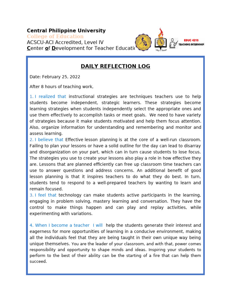 Daily Teaching Reflection Log | PDF | Teachers | Learning