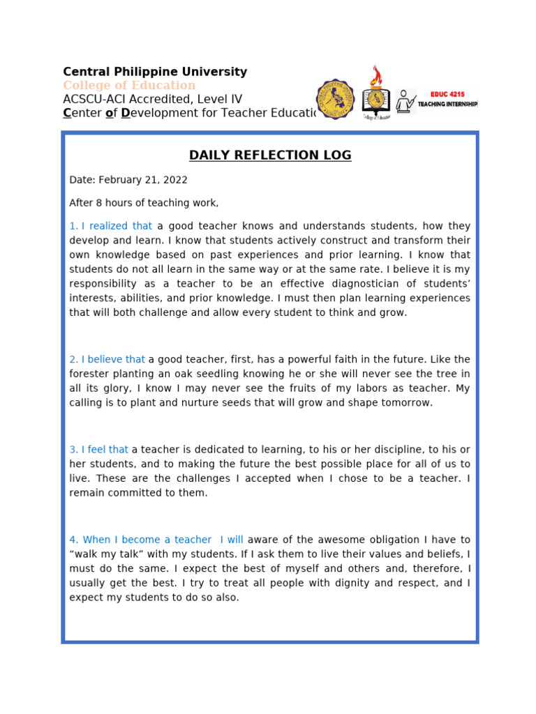 Daily Reflection and Activity Log 6 | PDF | Teachers | Knowledge