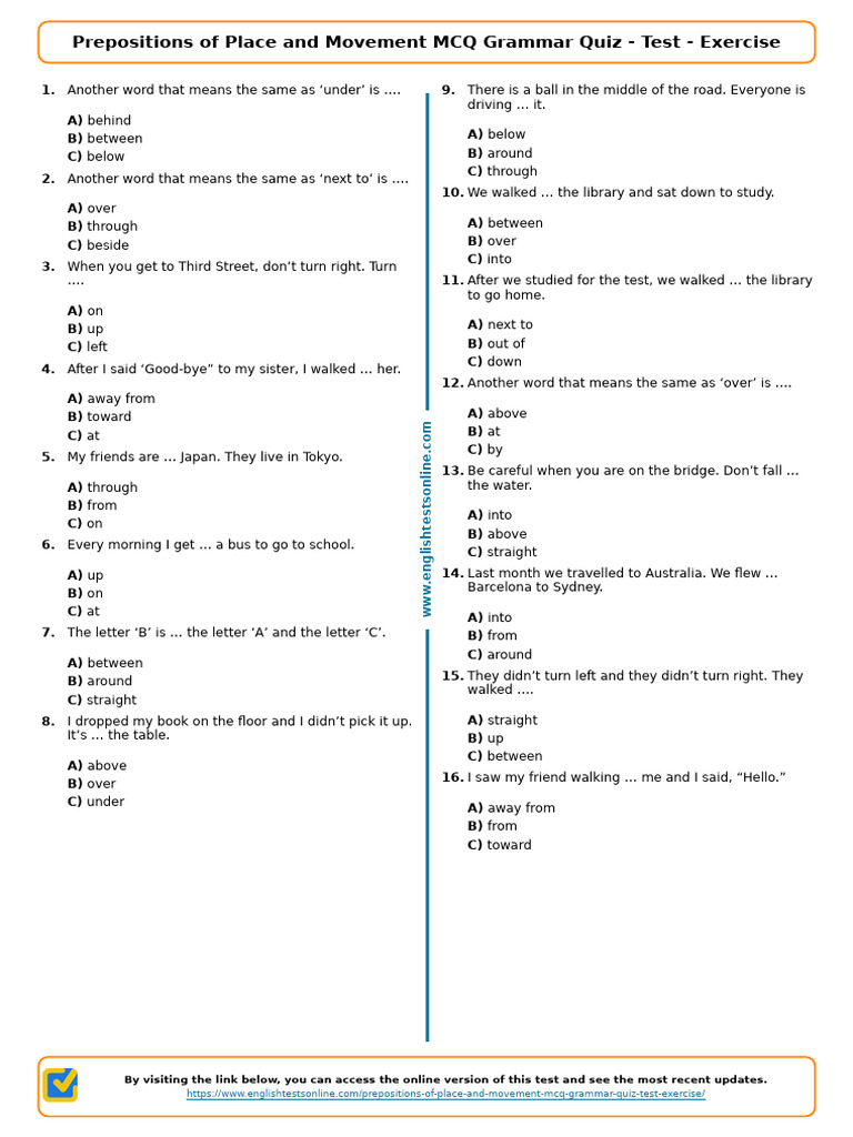 759 - Prepositions of Place and Movement MCQ Grammar Quiz Test Exercise ...
