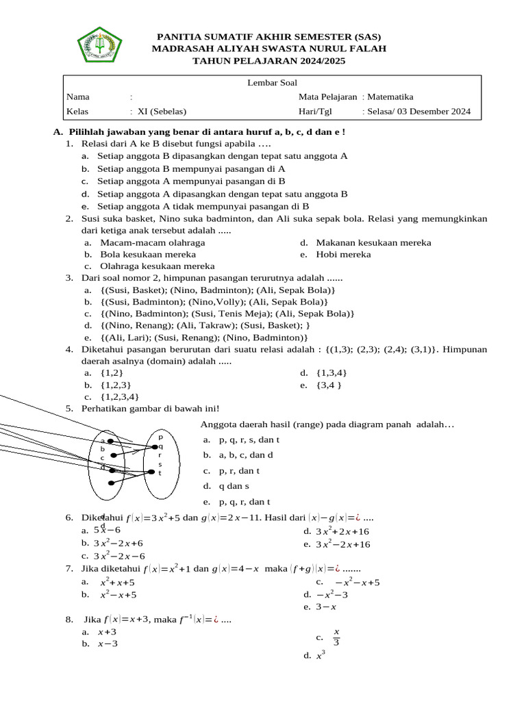 MTK Kelas Xi Panitia Sumatif Akhir Semester | PDF