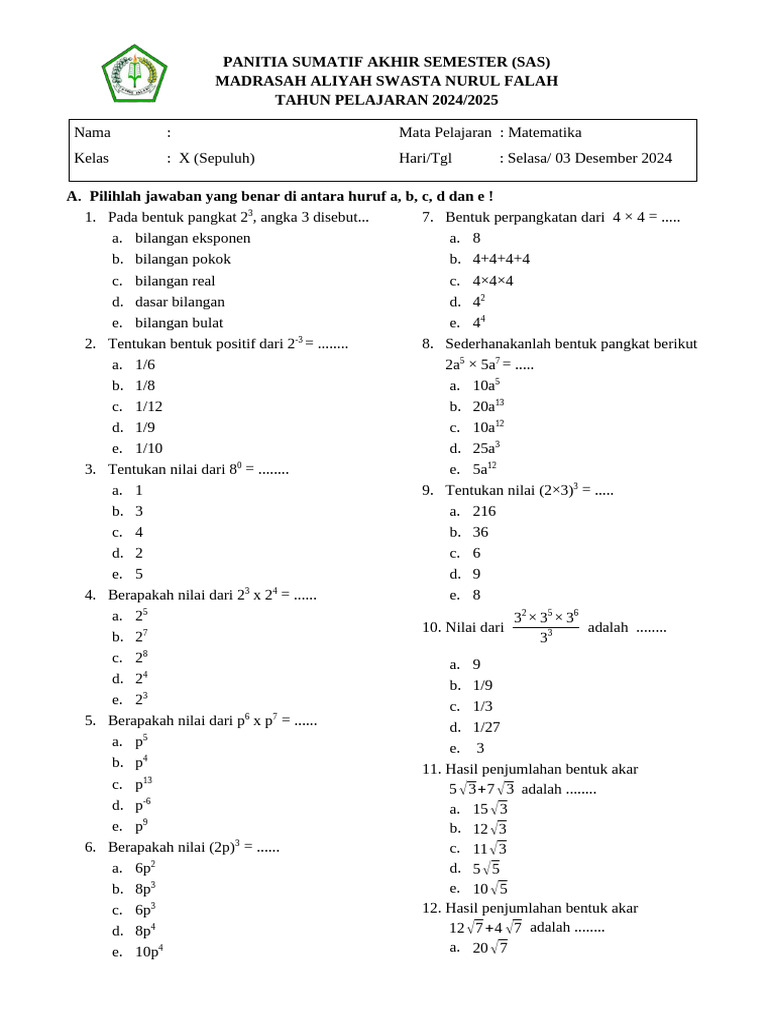 MTK KELAS X PANITIA SUMATIF AKHIR SEMESTER | PDF