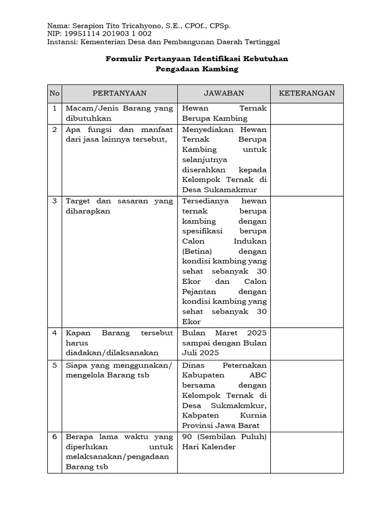 Serapion Tito Tricahyono-Jawaban Soal Lampiran 1 - Form Identifikasi Kebutuhan Pengadaan Kambing ...