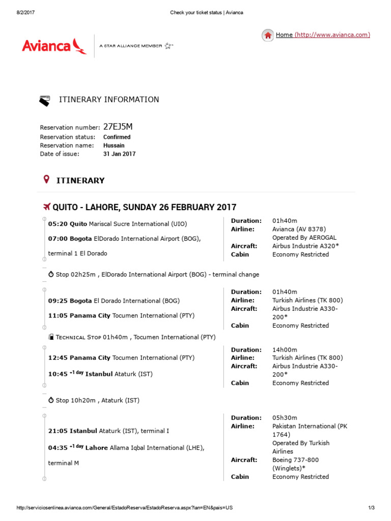 Avianca Flight Itinerary Details | PDF | Aviation | Transport