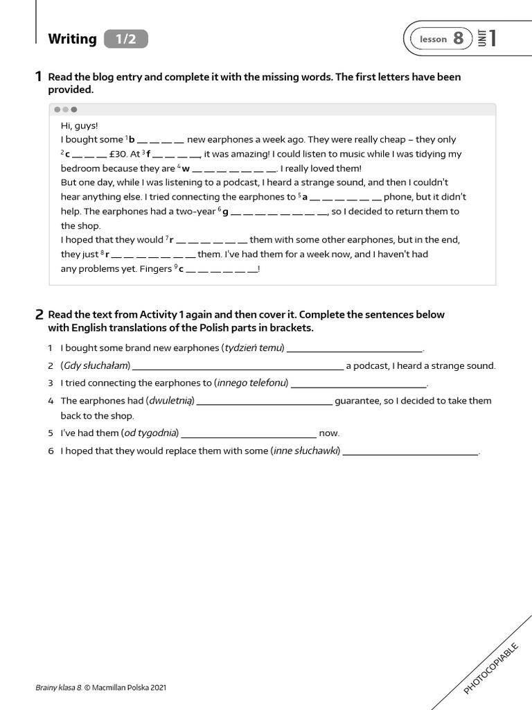 Brainy Klasa 8 TRF Unit 1 Lesson 8 | PDF