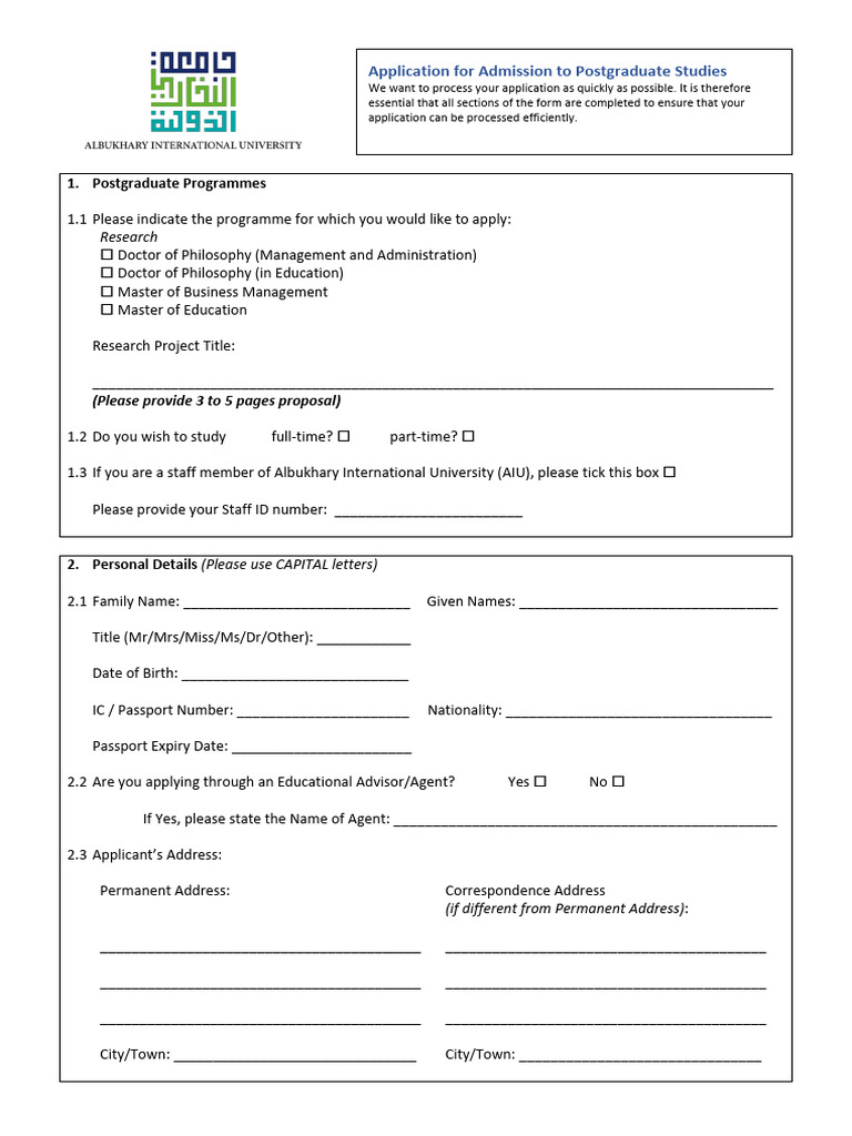 Postgraduate Admission Application Form | PDF | Academic Degree ...